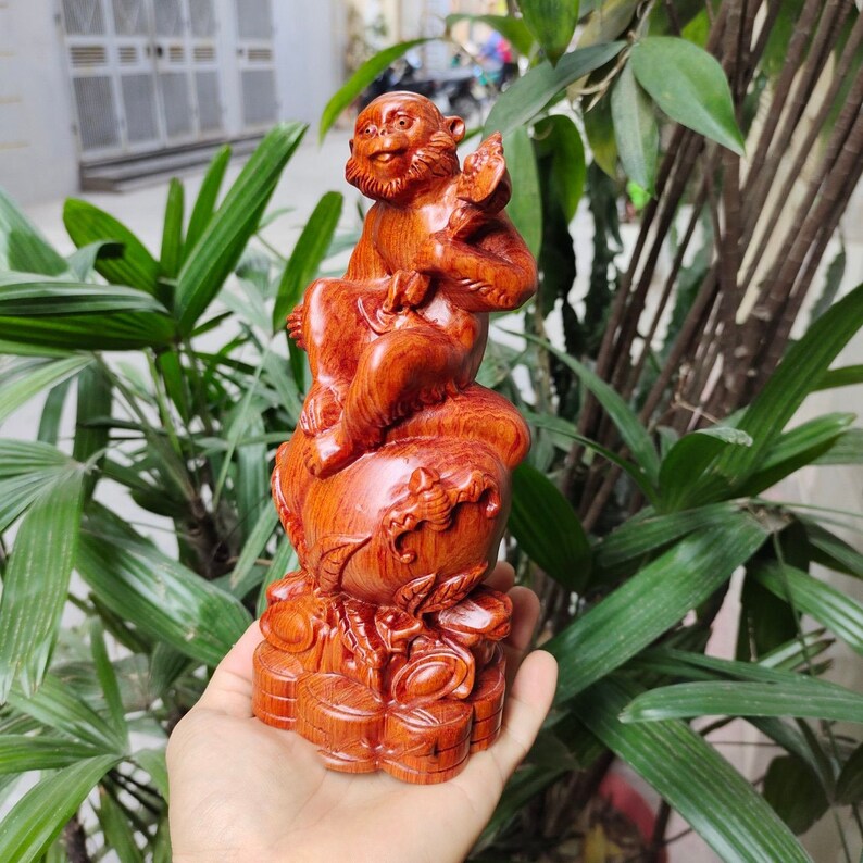 Wooden Monkey Statue Sitting on a Peach, Holding Wishing Stick, Feng ...