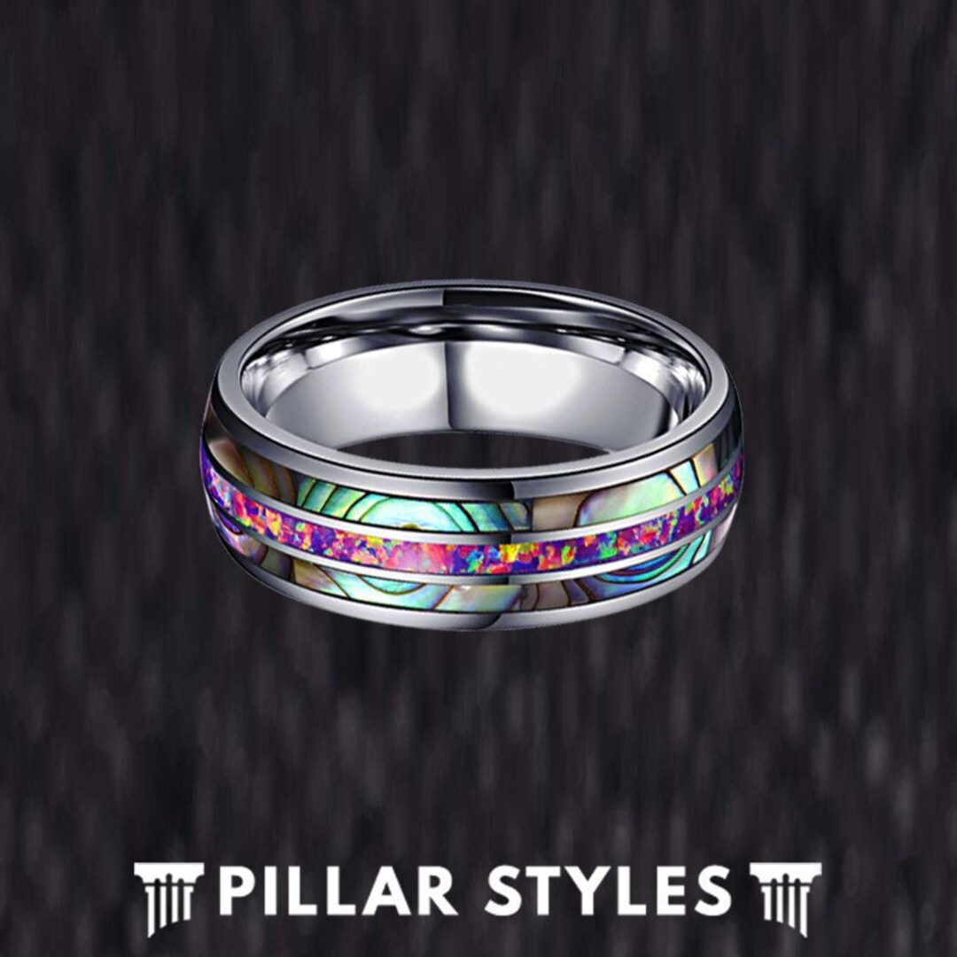 Opal Lavender Ring Mens Wedding Band Abalone Ring Tungsten Wedding Band ...