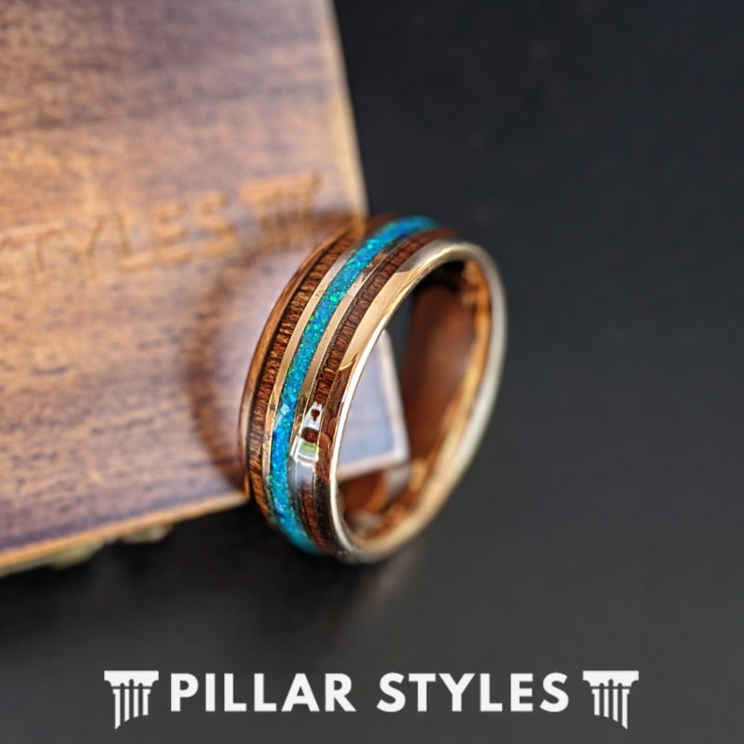 Koa Wood Ring Rose Gold Wedding Band Mens Ring 18K Rose Gold Ring Mens ...