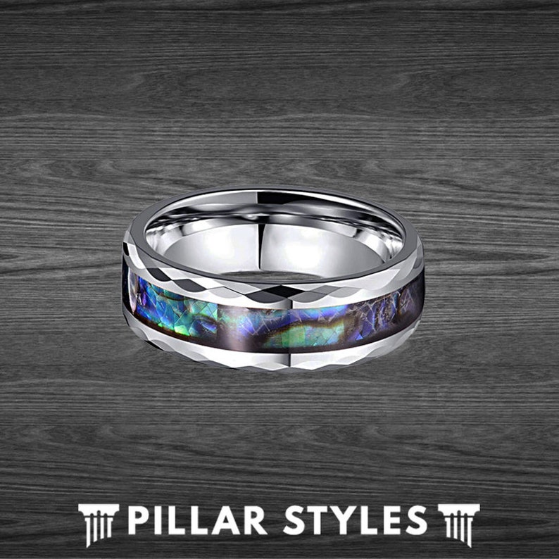 Silver Abalone Ring Mens Wedding Band Hammered Ring 8mm - Etsy