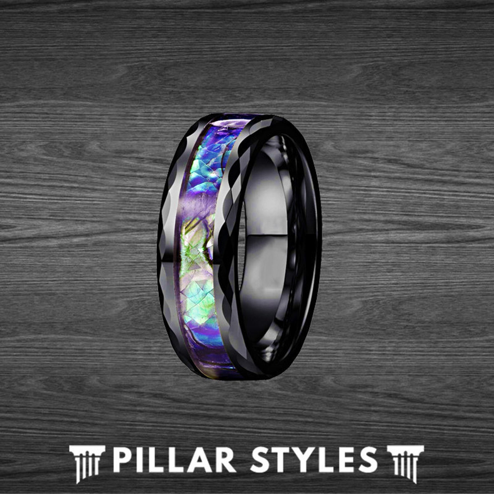 Abalone Ring Mens Wedding Band Hammered Ring Black Tungsten - Etsy