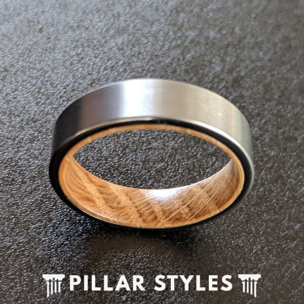 Silver Whiskey Barrel Ring Mens Wedding Band Wooden Ring With Bourbon ...
