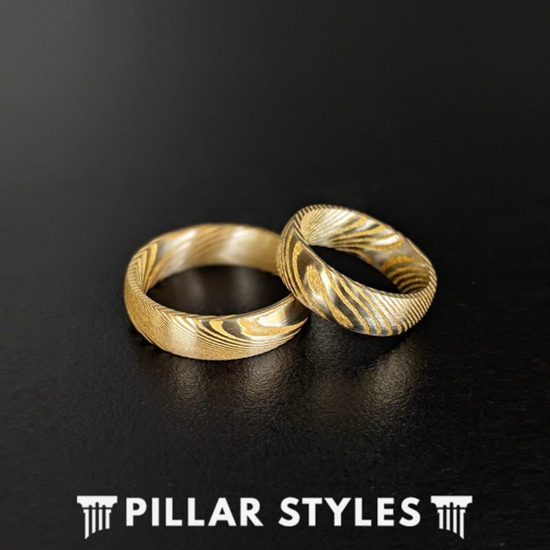 14K Gold Ring Damascus Wedding Band Mens Ring, 6mm Damascus Ring Gold ...