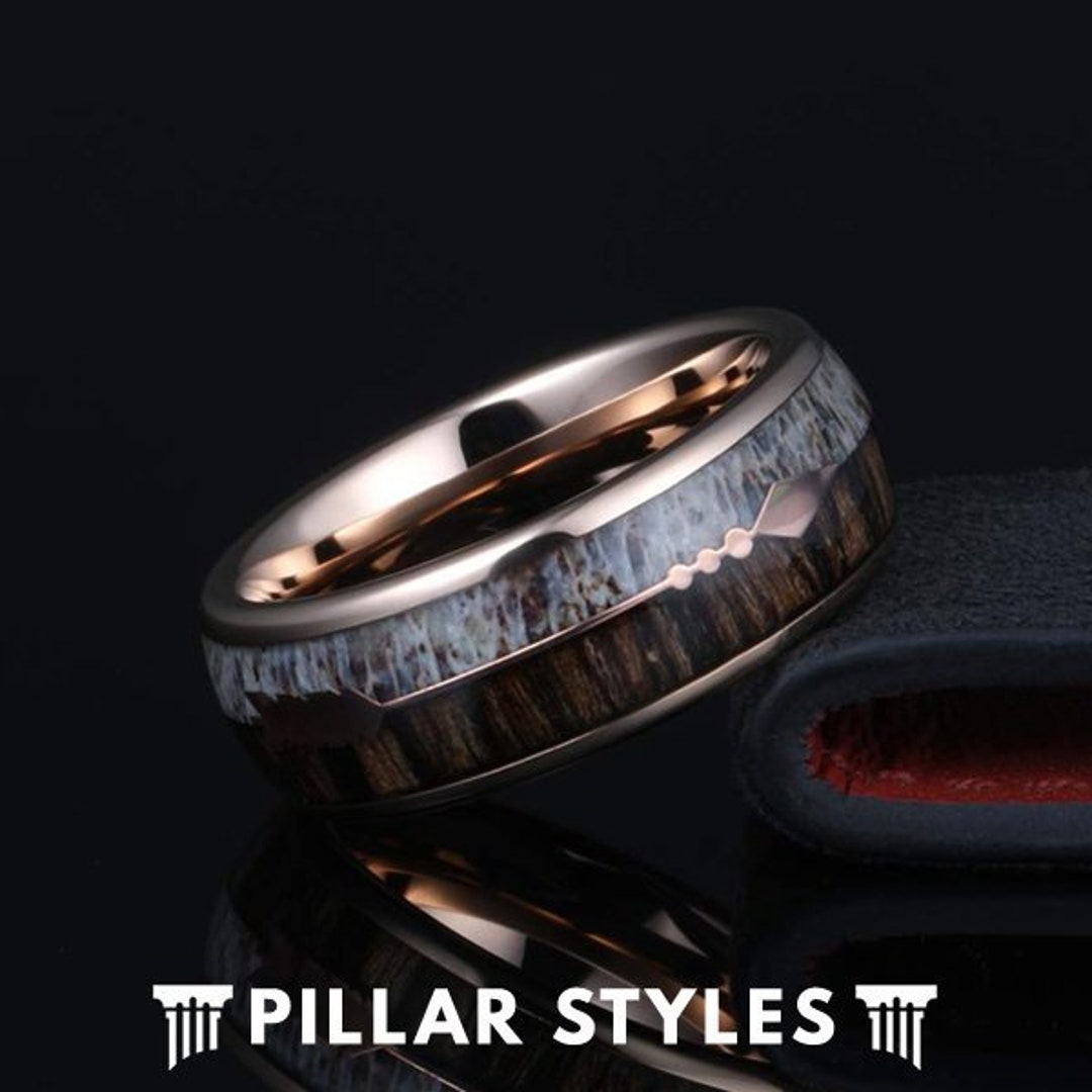 Wood & Deer Antler Ring Mens Wedding Band With Arrow Inlay, Tungsten ...
