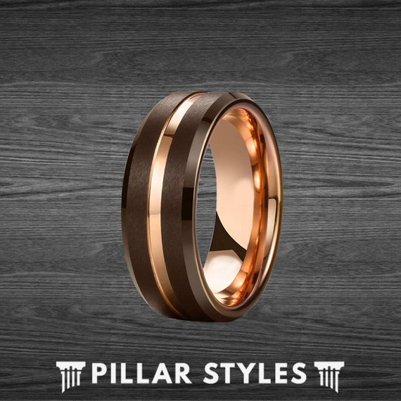 Rose Gold Ring Mens Wedding Band Tungsten Ring 8mm Espresso Brown Ring Rose Gold Wedding Band Mens Ring Male Wedding Band Promise Ring