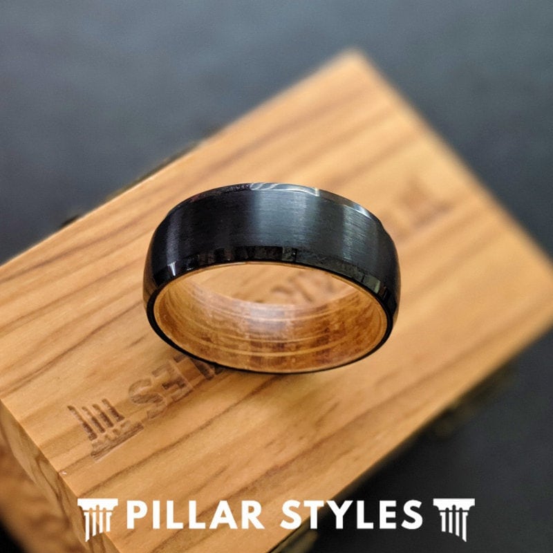 Black Whiskey Barrel Ring Mens Wedding Band Wood Inlay Ring | Etsy