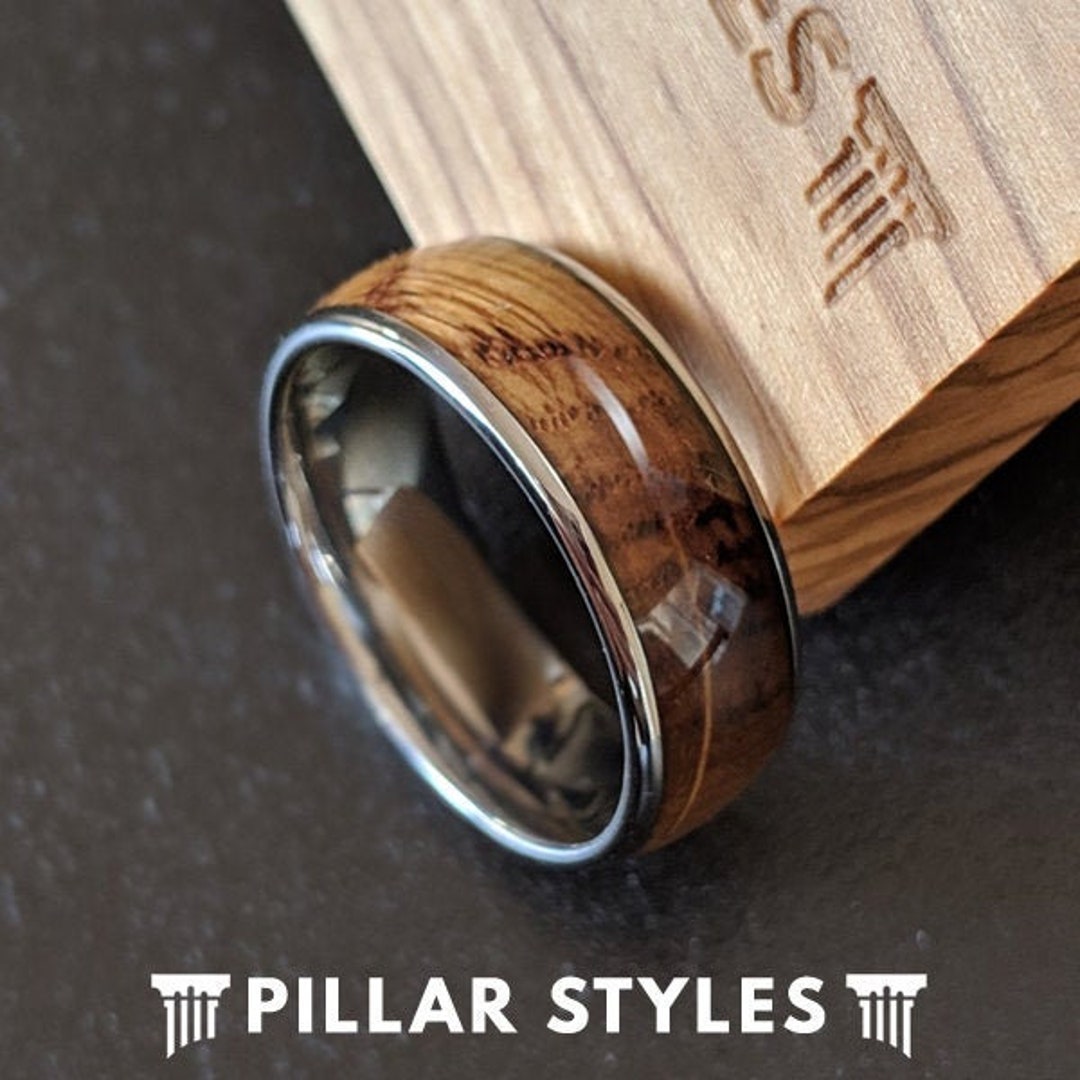Whiskey Barrel Ring Mens Wedding Band Wood Inlay Ring Tungsten Wedding ...