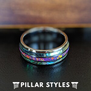 Unique Abalone Ring Mens Wedding Band With Opal Inlay Ring - Tungsten ...