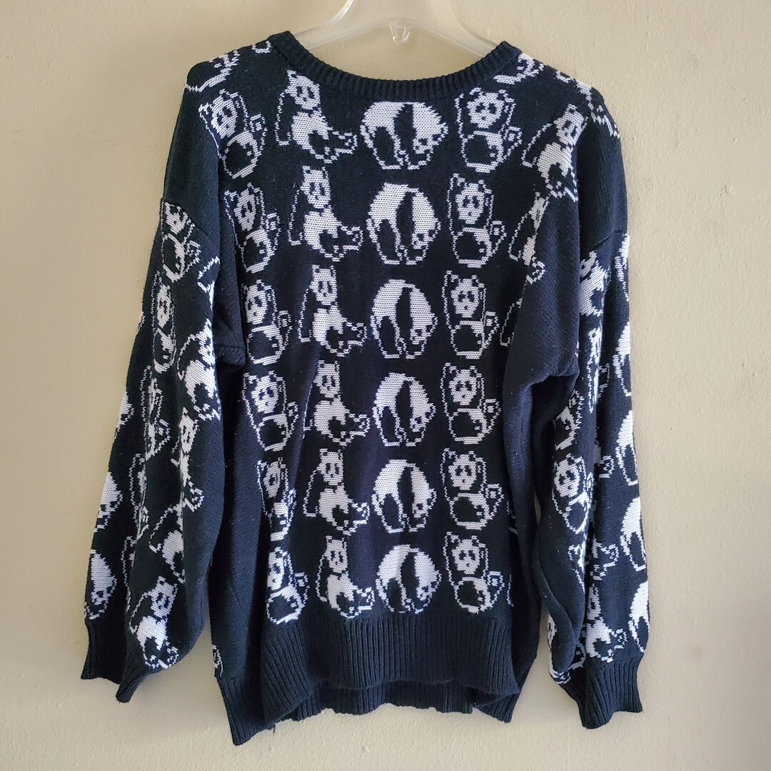 Vintage PANDA Bears Sweater Knit Works Pullover Black and White Large L ...