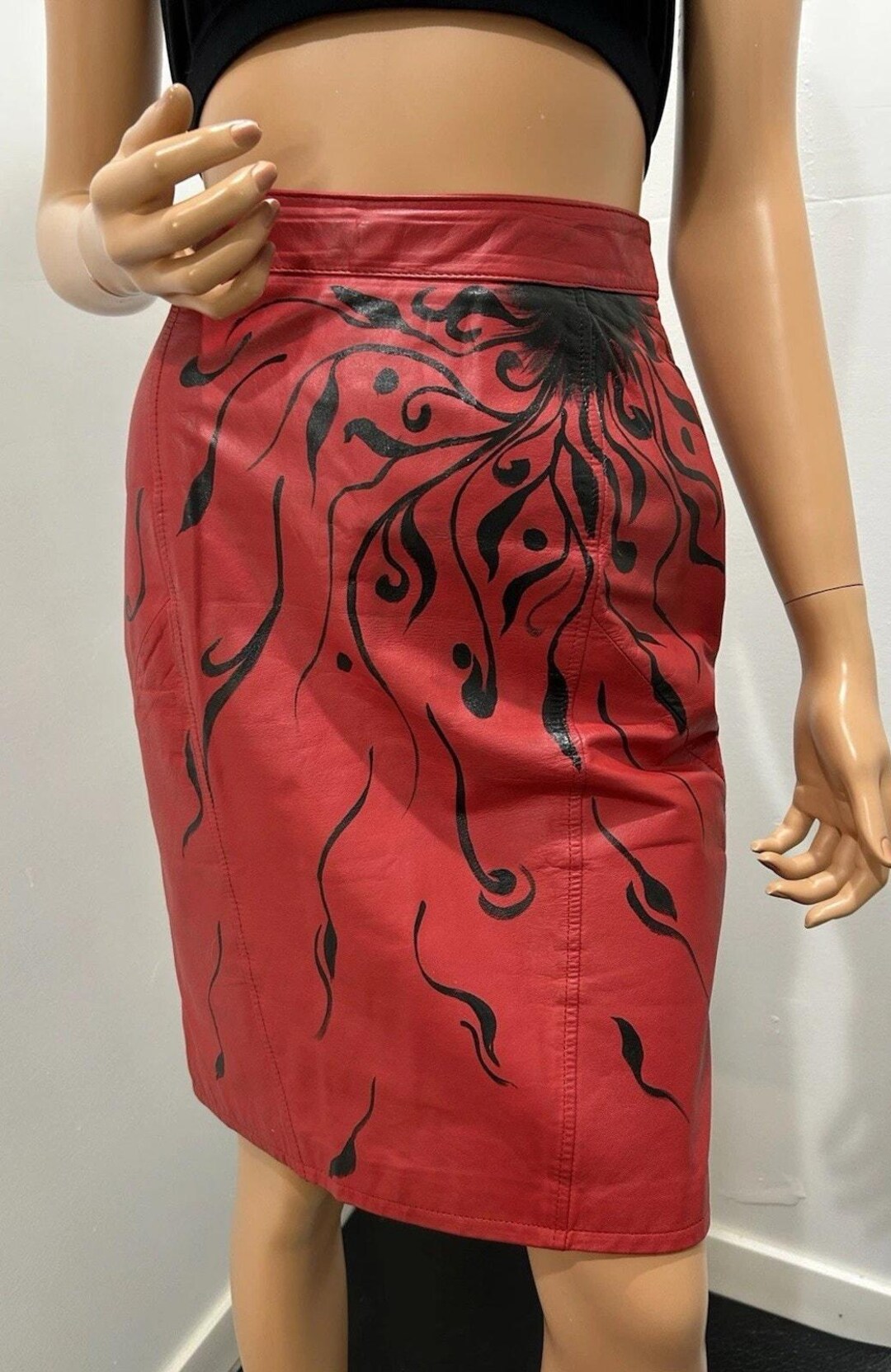 Hand Panted Red Leather Skirt With Black Leafs - Etsy