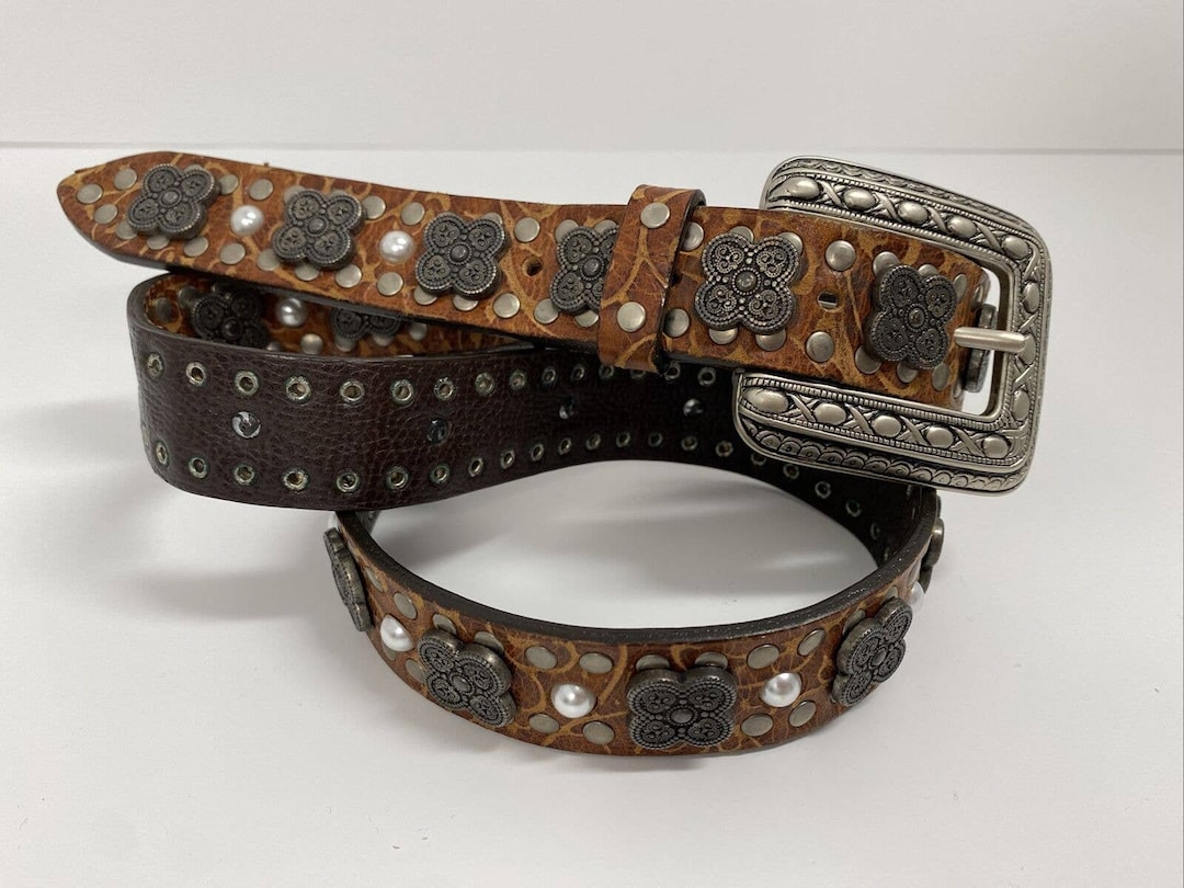 Nanni Belt Size 34 Brown Leather Studded With Silver Buckle - Etsy