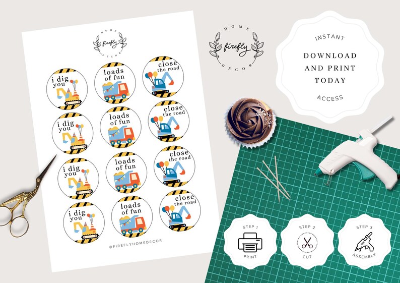 Construction Cupcake Topper Boys Birthday Cupcake Topper Tags Party ...