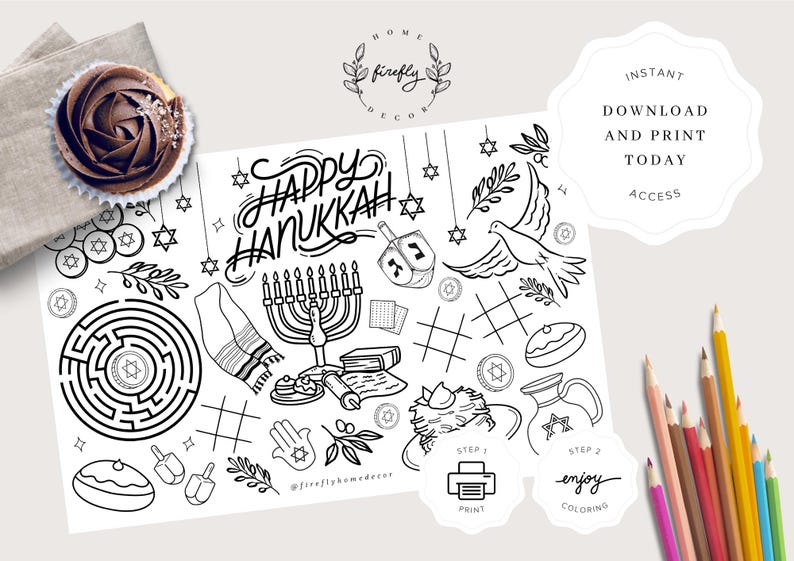 Happy Hanukkah Coloring Placemat | Party Activity | Kids Coloring Page ...