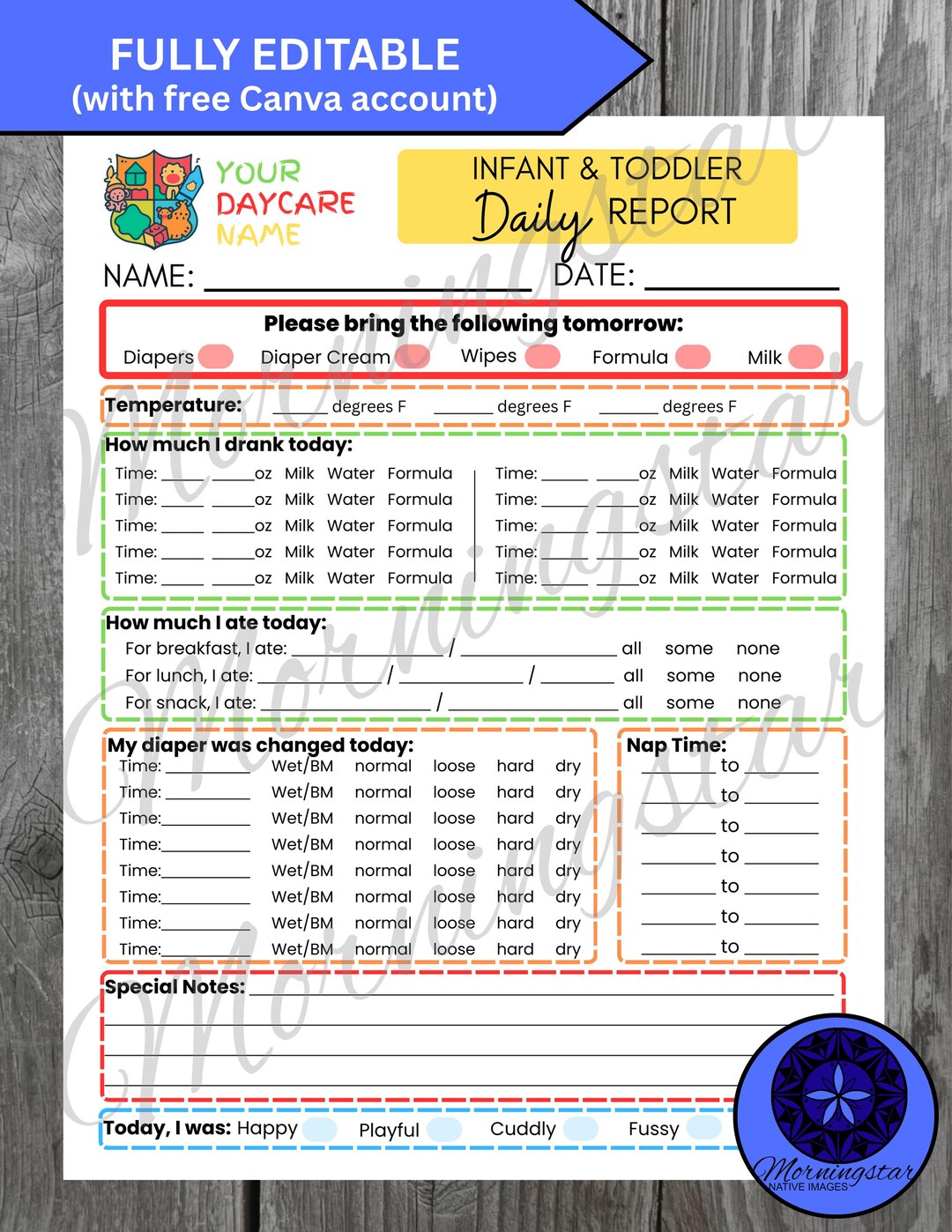 Daycare Daily Report: Infant & Toddler Care Sheet (canva Editable) - Etsy