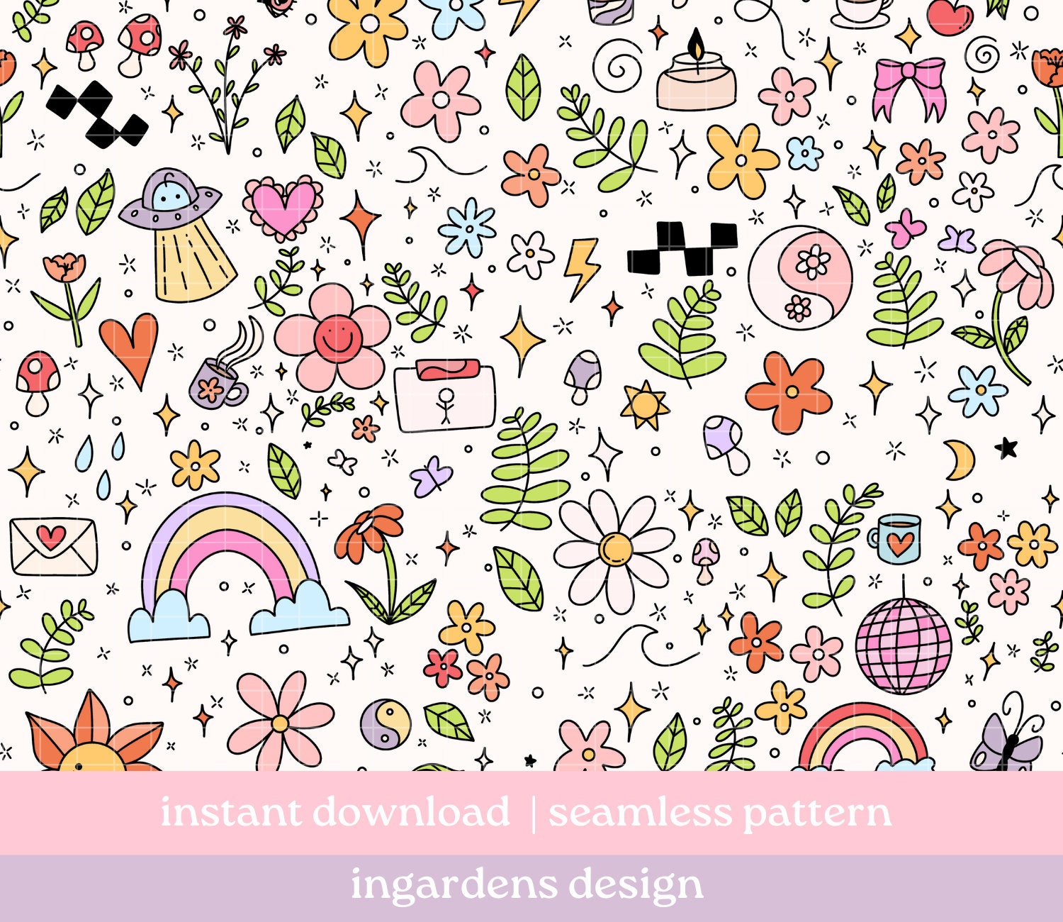 Hand Drawn Doodles Seamless Pattern, Digital Download, Seamless Pattern ...