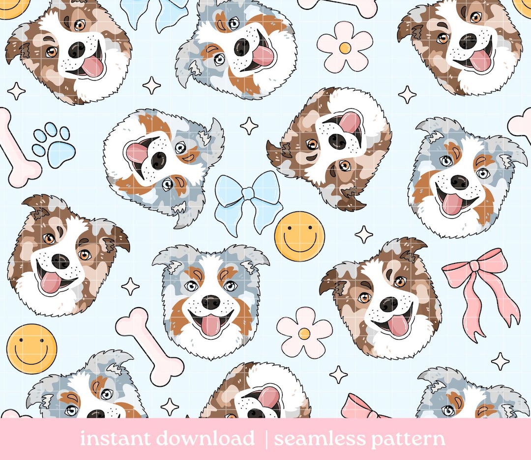 Border Collie Pattern, Merle Pattern Dog Seamless Pattern, Bow Digital ...