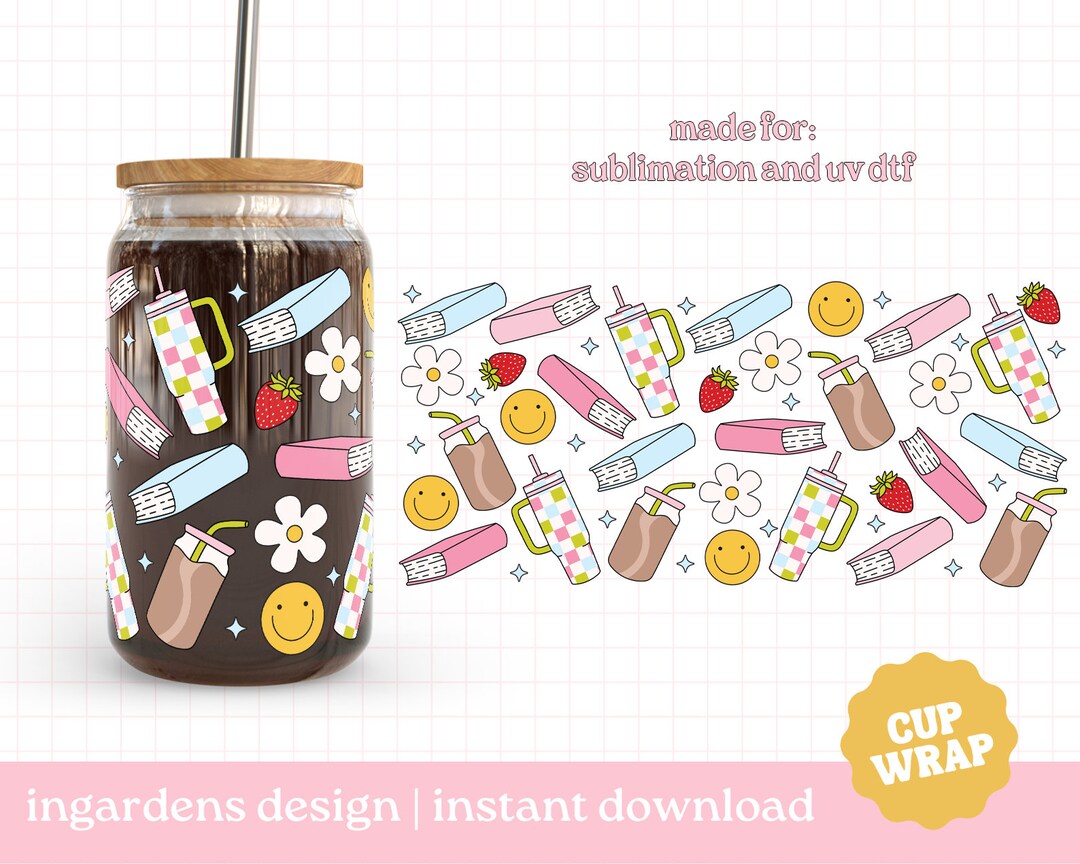 Bookish Elements Cup Wrap, 16oz Glass Can Wrap, Bookish Book PNG, Glass ...