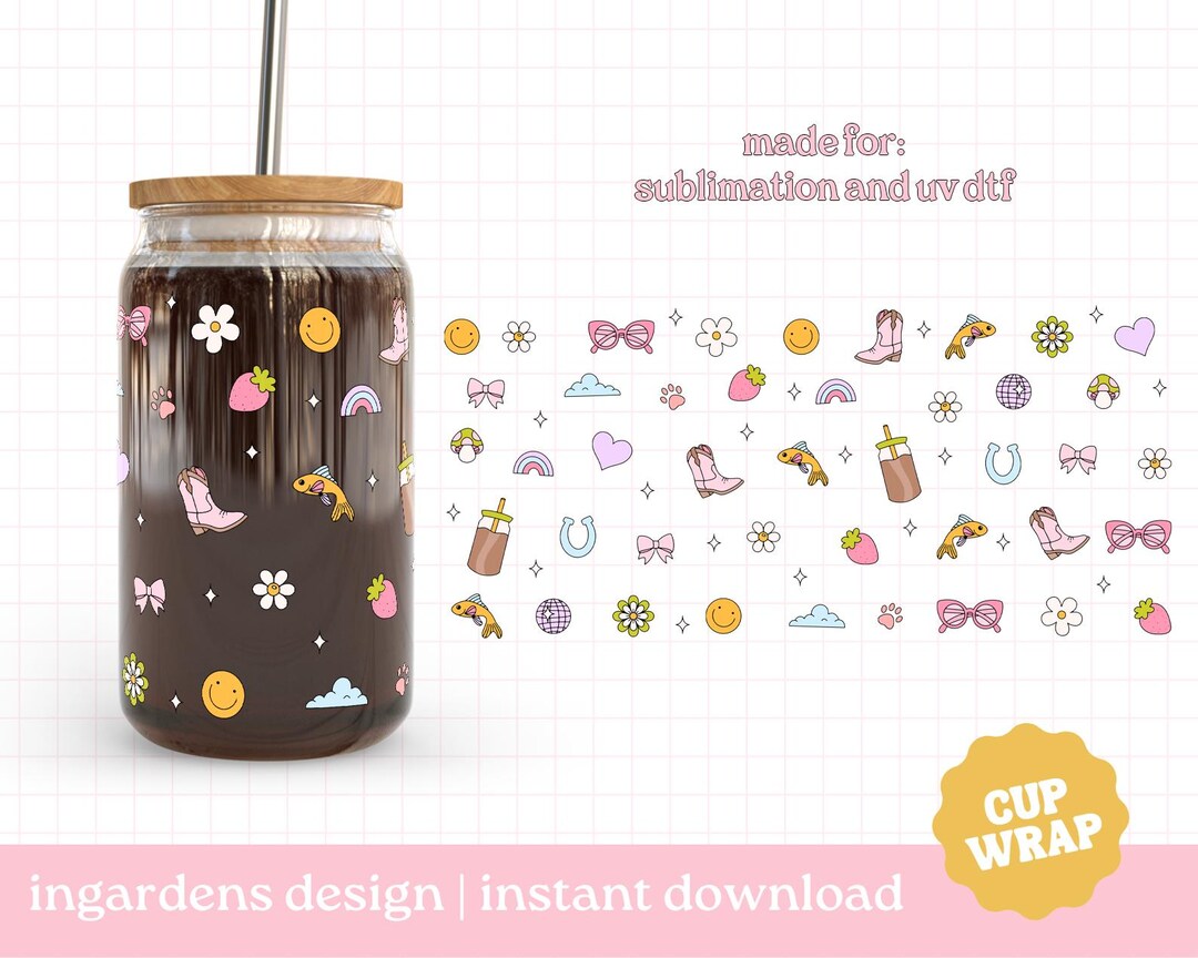 Iconic Groovy Girlie Cup Wrap PNG, 16oz Glass Can Wrap, Cute Cup Wrap ...