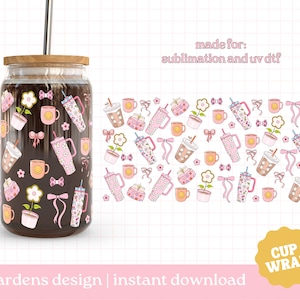 Girly Things Cup Wrap, 16oz Glass Can Wrap, Coquette Coffee PNG, Glass ...