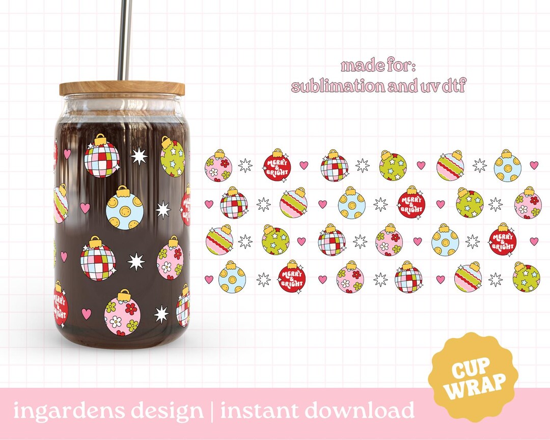 Christmas Bauble Cup Wrap PNG, 16oz Glass Can Wrap, Cute Christmas Cup ...
