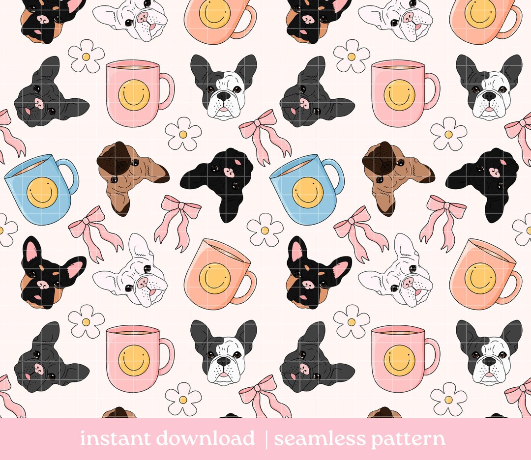 French Bulldog Pattern, Coffee Cup, Bow Digital Download, Seamless ...