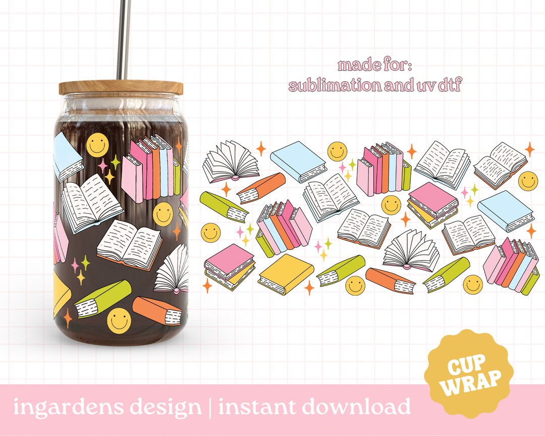Bright Bookish Cup Wrap, 16oz Glass Can Wrap, Bookish Book PNG, Glass ...