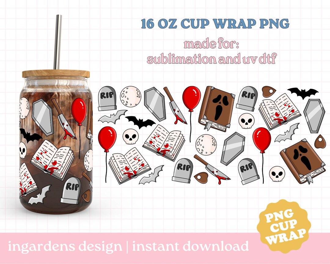 Horror Cup Wrap PNG, 16oz Bookish Cup Wrap PNG Digital Download, Design ...