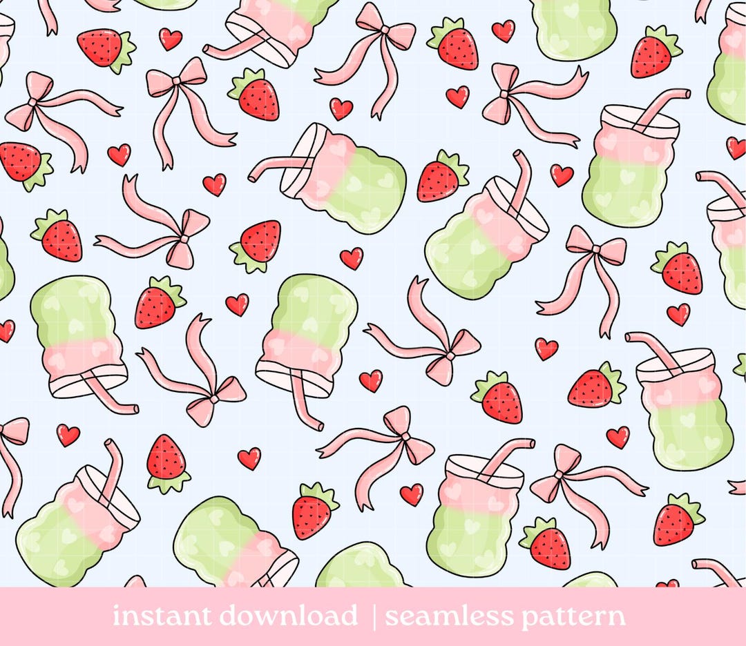 Strawberry Matcha Seamless Pattern, Cute Girlie Matcha Seamless Pattern ...