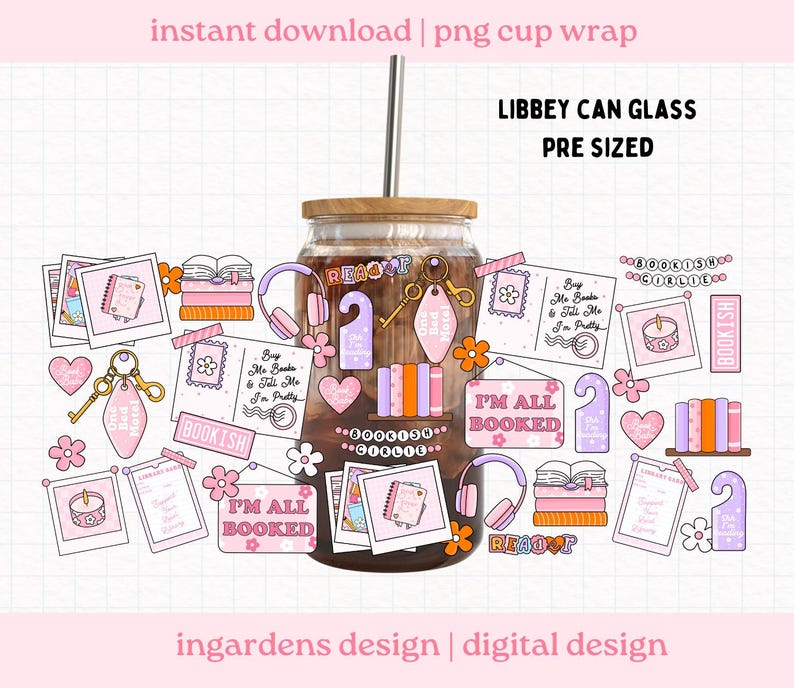 Bookish Moodboard Cup Wrap PNG, 16oz 20oz Glass Can Wrap, Cup Wrap PNG ...