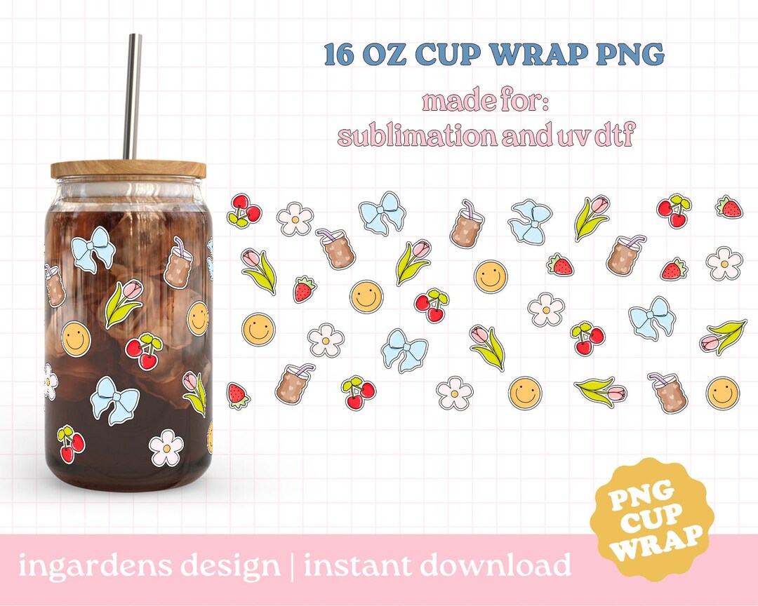 Sticker Cup Wrap PNG, 16oz Glass Can Wrap, Cute Cup Wrap PNG, Glass Cup ...