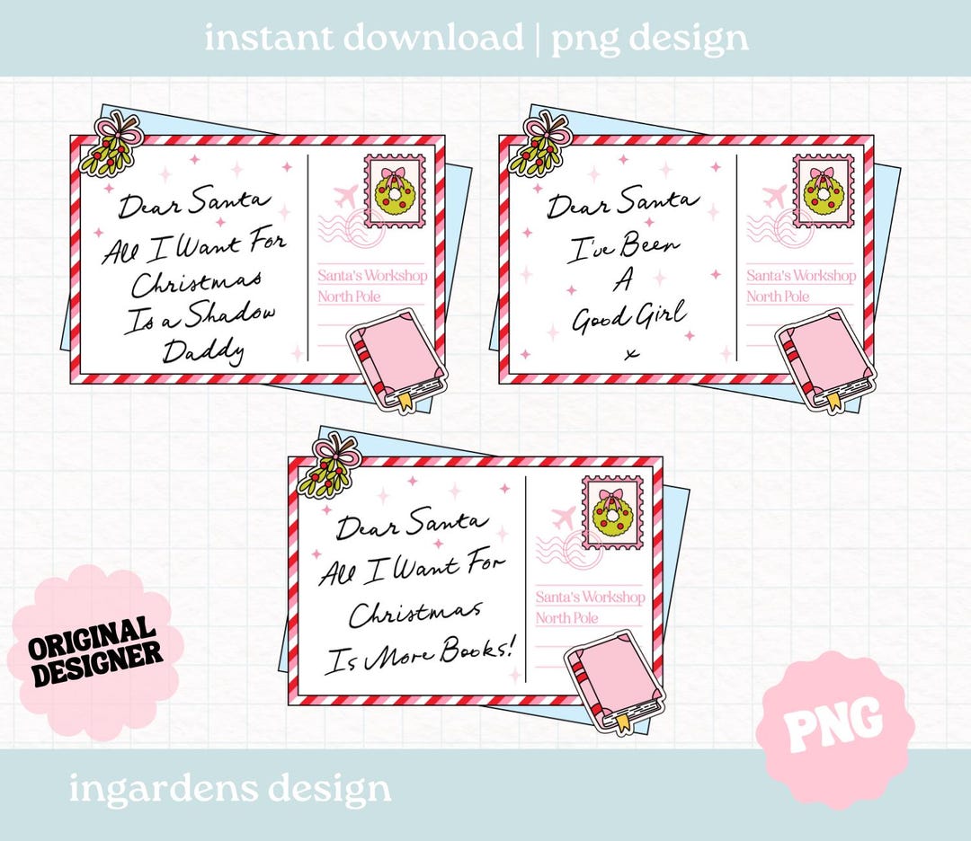 Dear Santa Bookish Postcards PNG, Christmas Bookish Png, Digital ...