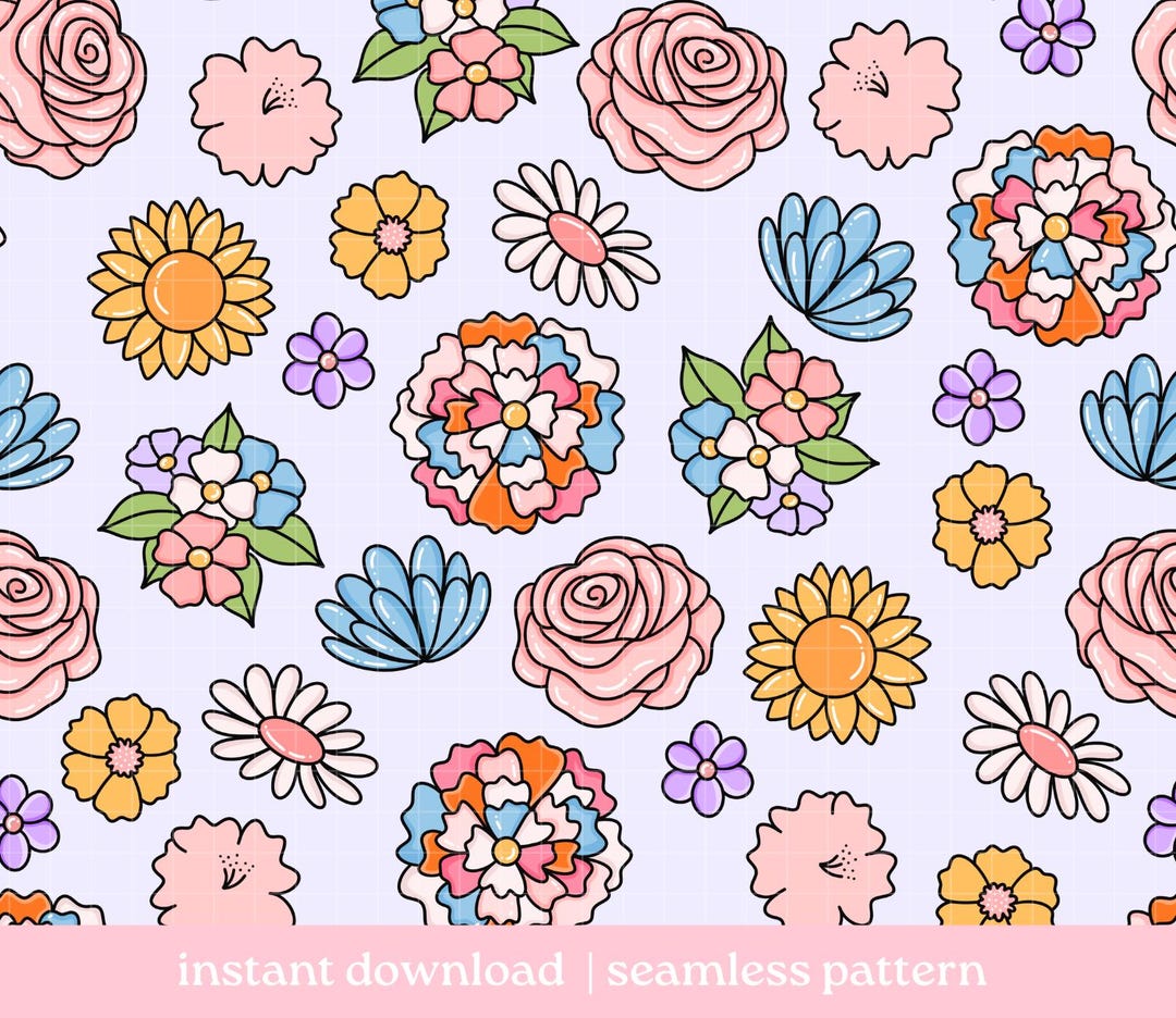 Flower Seamless Pattern, Groovy Flower Seamless Pattern, Digital ...