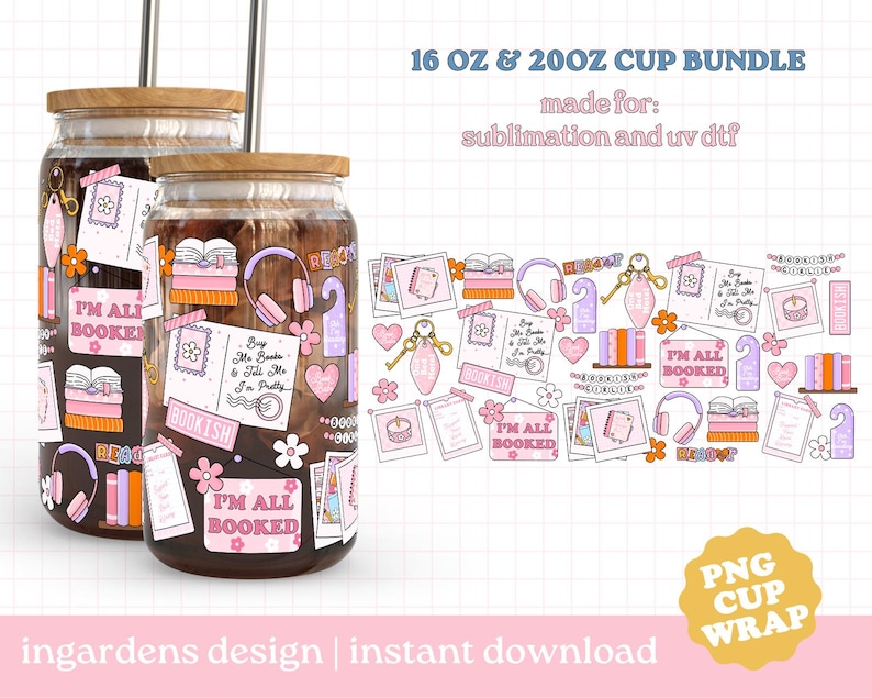 Bookish Moodboard Cup Wrap PNG, 16oz 20oz Glass Can Wrap, Cup Wrap PNG ...