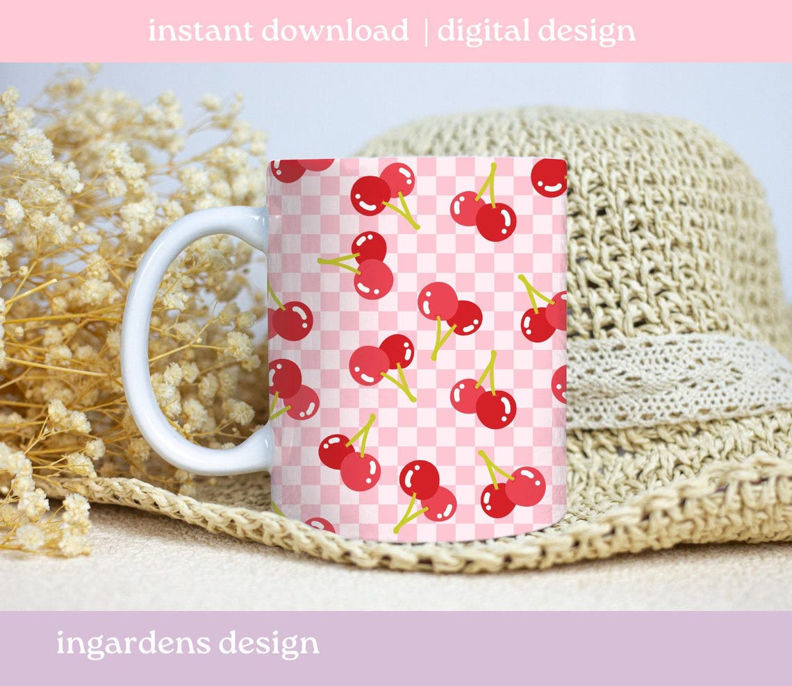 Cherry Seamless Pattern, Checkered Cherry Seamless Pattern, Digital ...