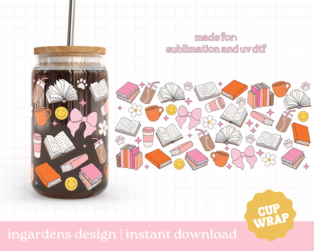 Bookish Cup Wrap, 16oz Glass Can Wrap, Bookish Book PNG, Glass Cup ...