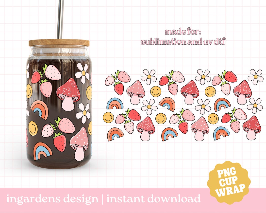 Happy Cup Wrap, 16oz Glass Can Wrap, Mushroom Doodle PNG, Glass Cup ...