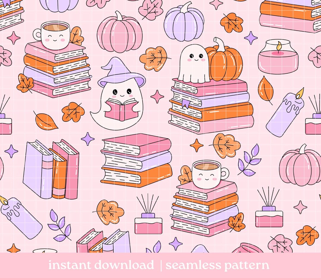Cutesy Ghostie Bookish Seamless Pattern, Fall Autumn Pink Halloween ...