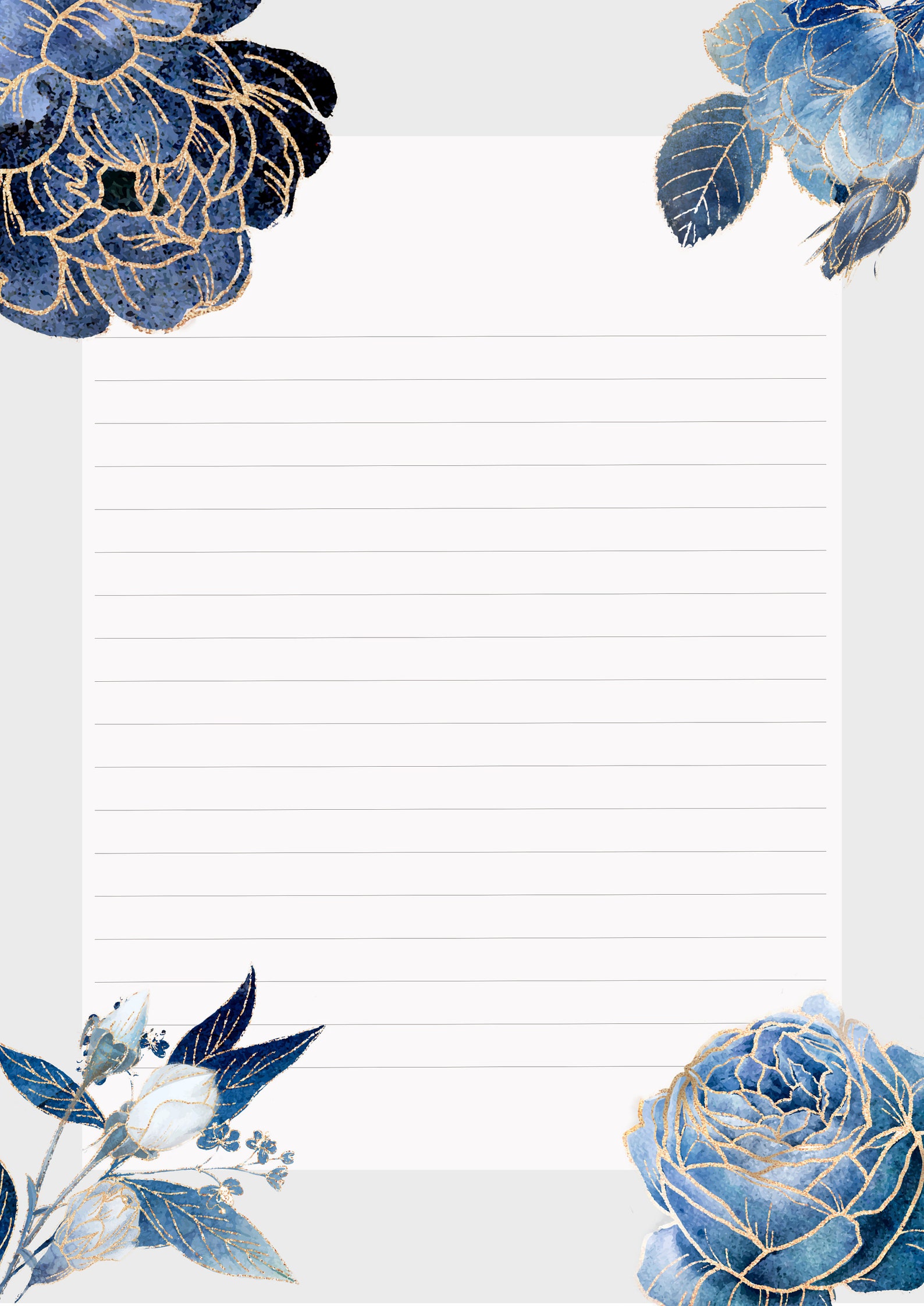 Printable Lined Paper Blank Writing Paper Blue and Gold Design Paper ...