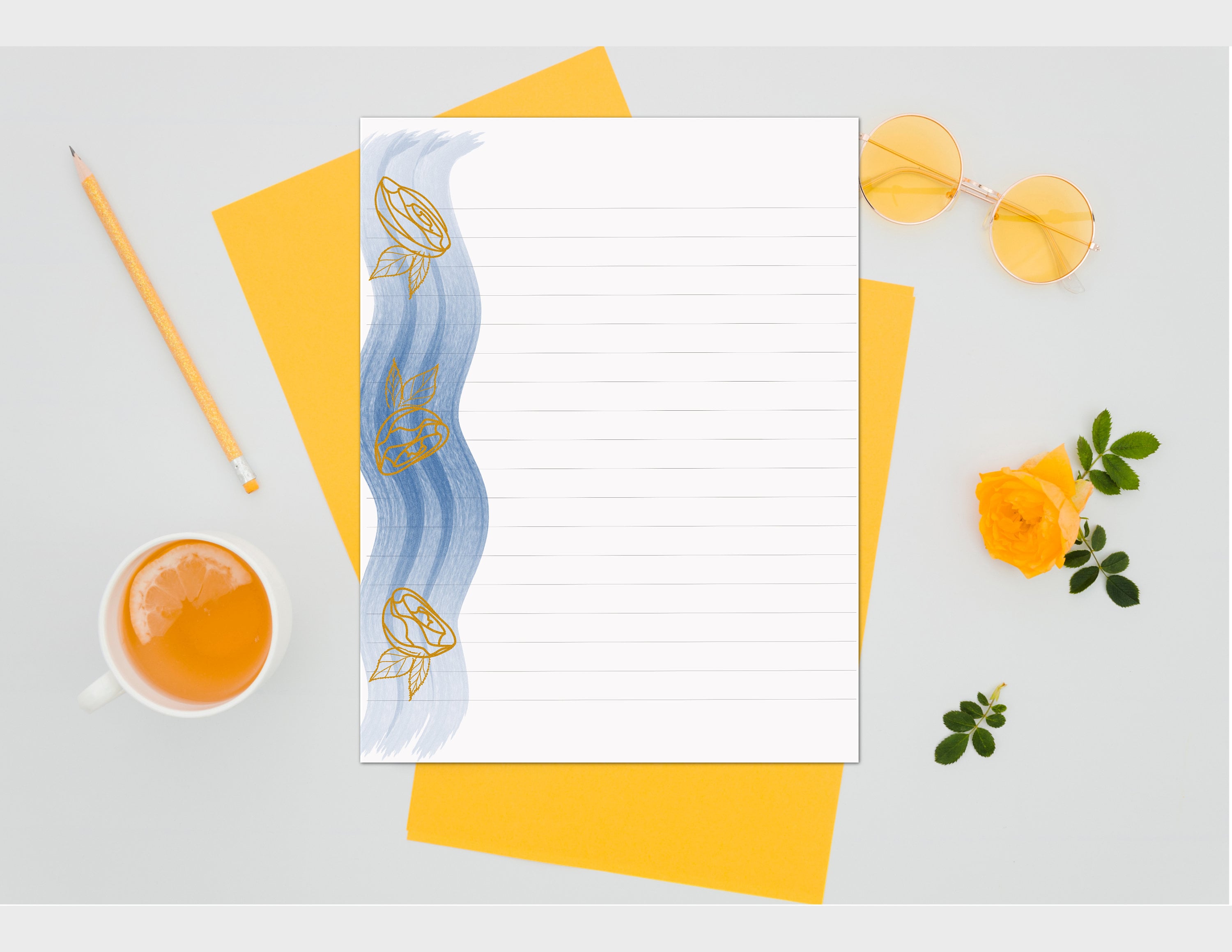 Printable Lined Paper Blank Writing Paper Blue and Gold Design Paper ...