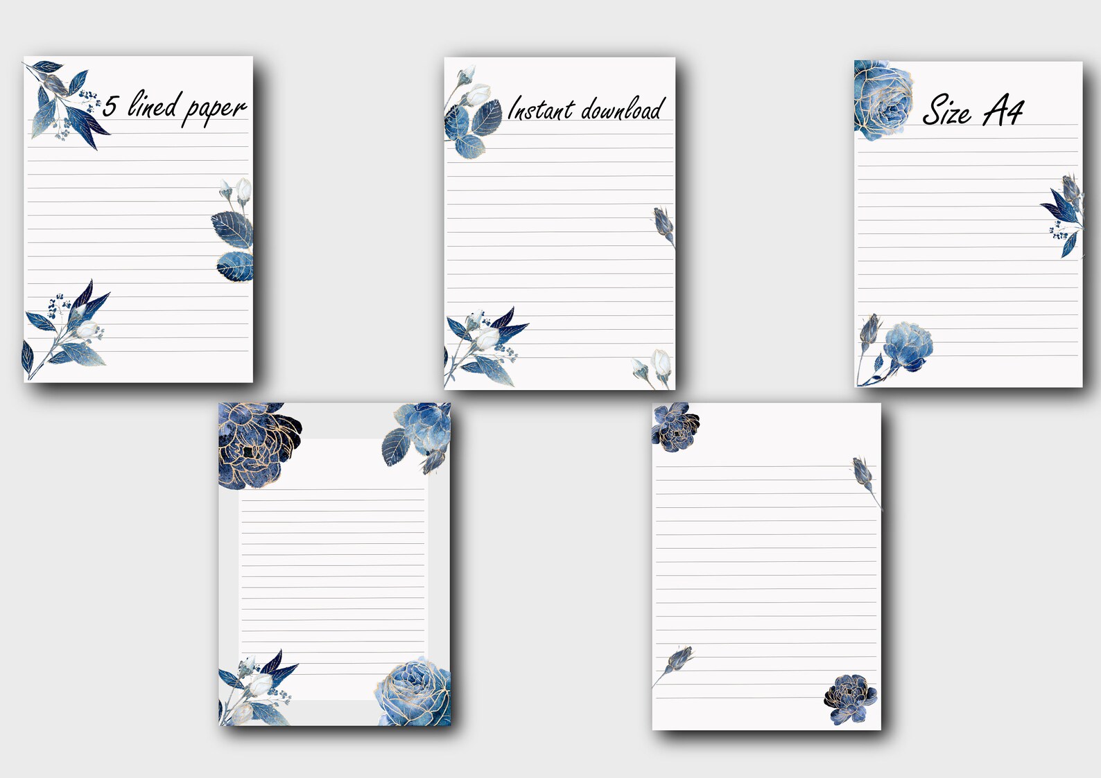 Printable Lined Paper Blank Writing Paper Blue and Gold Design Paper ...