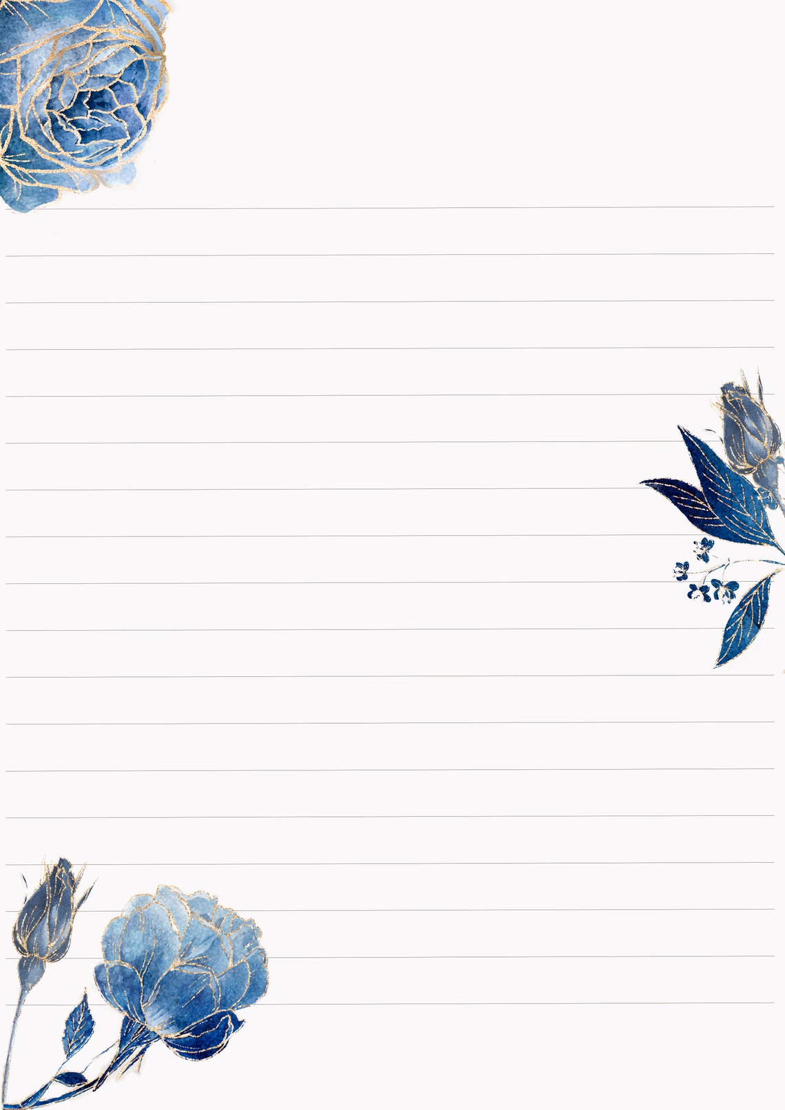 Printable Lined Paper Blank Writing Paper Blue and Gold Design Paper ...