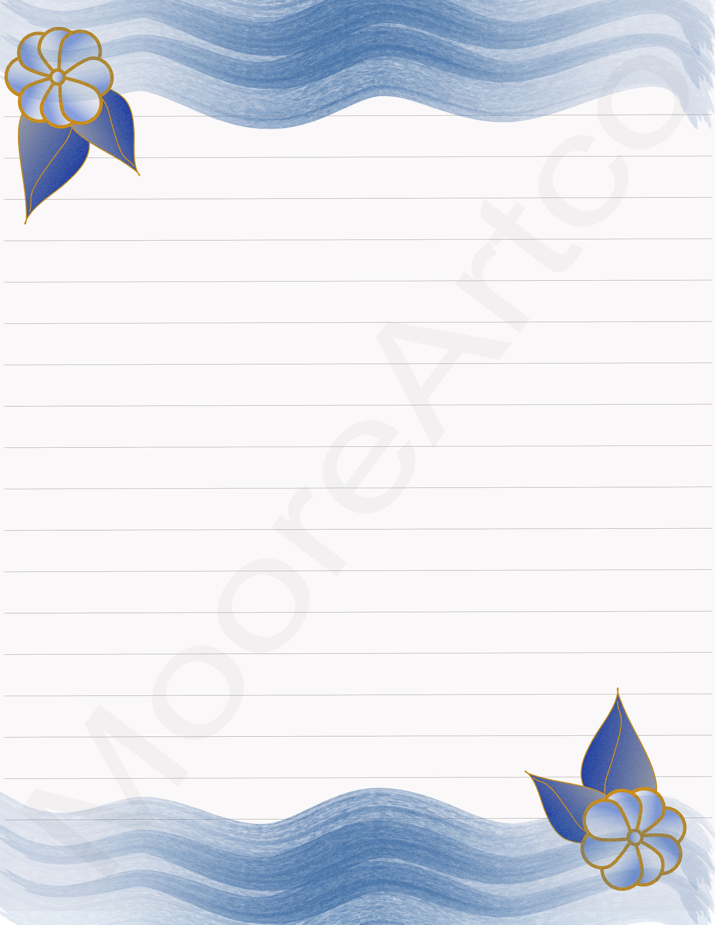 Printable Lined Paper Blank Writing Paper Blue and Gold Design Paper ...