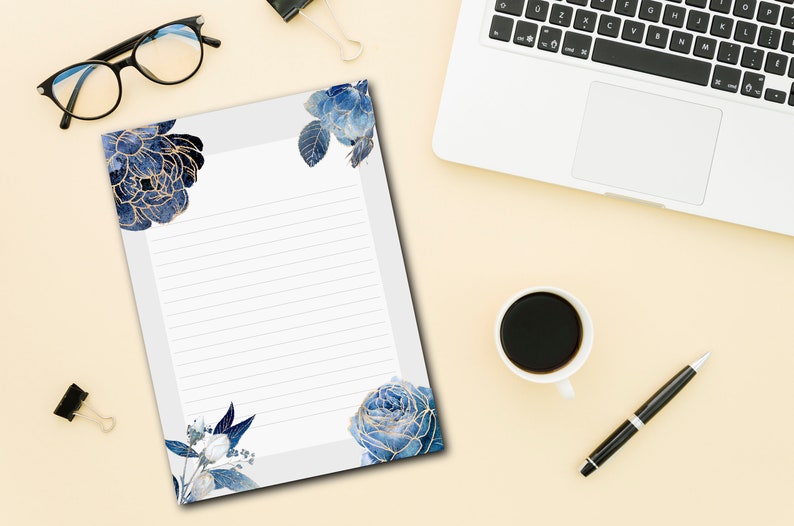 Printable Lined Paper Blank Writing Paper Blue and Gold Design Paper ...