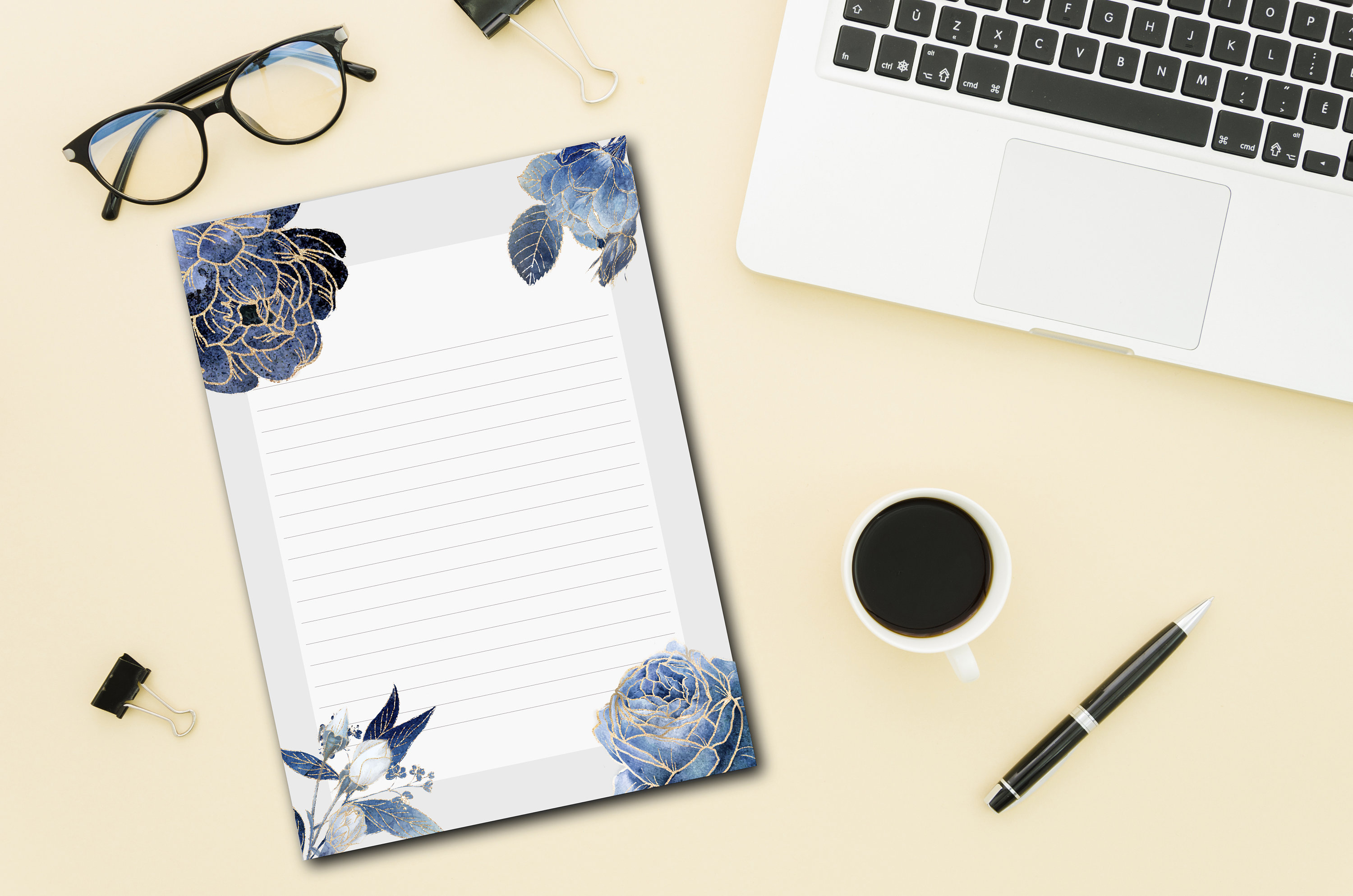 Printable Lined Paper Blank Writing Paper Blue and Gold Design Paper ...