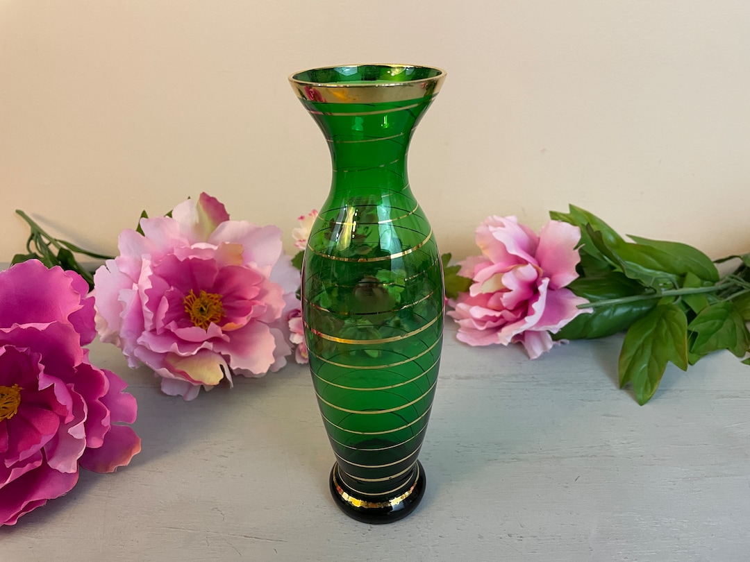 Emerald Green Glass Bud Vase With Gold Stripes Vintage 1950s Florist ...