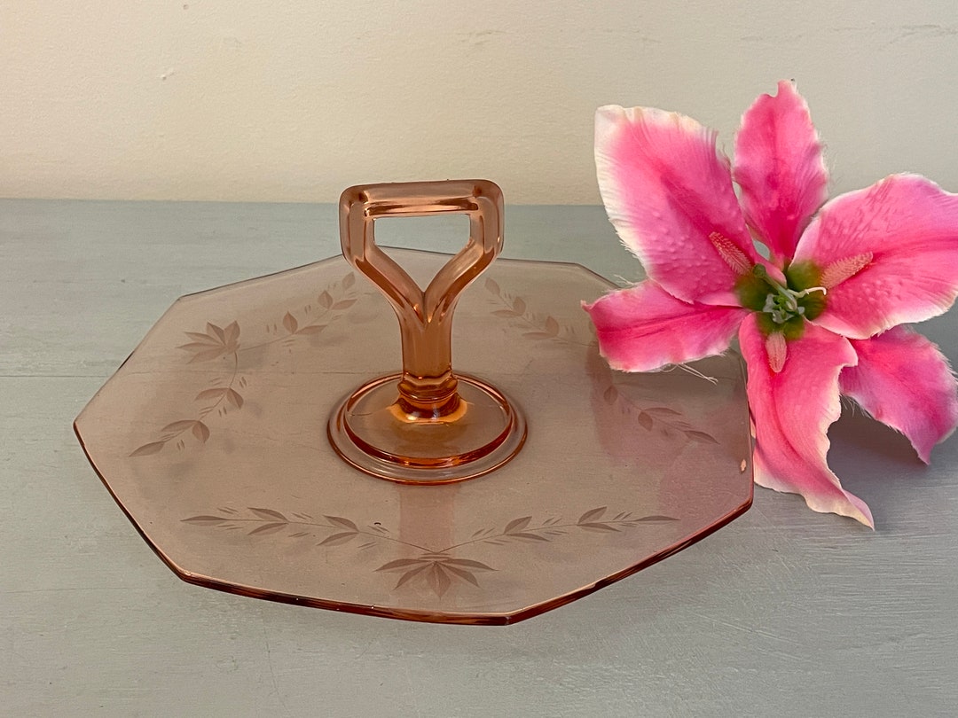Pink Depression Glass Sandwich Serving Tray With Handle Vintage 1940s ...