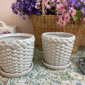 White Wicker Ceramic Pot Wih Saucer Retro English Cottage Style Planter ...