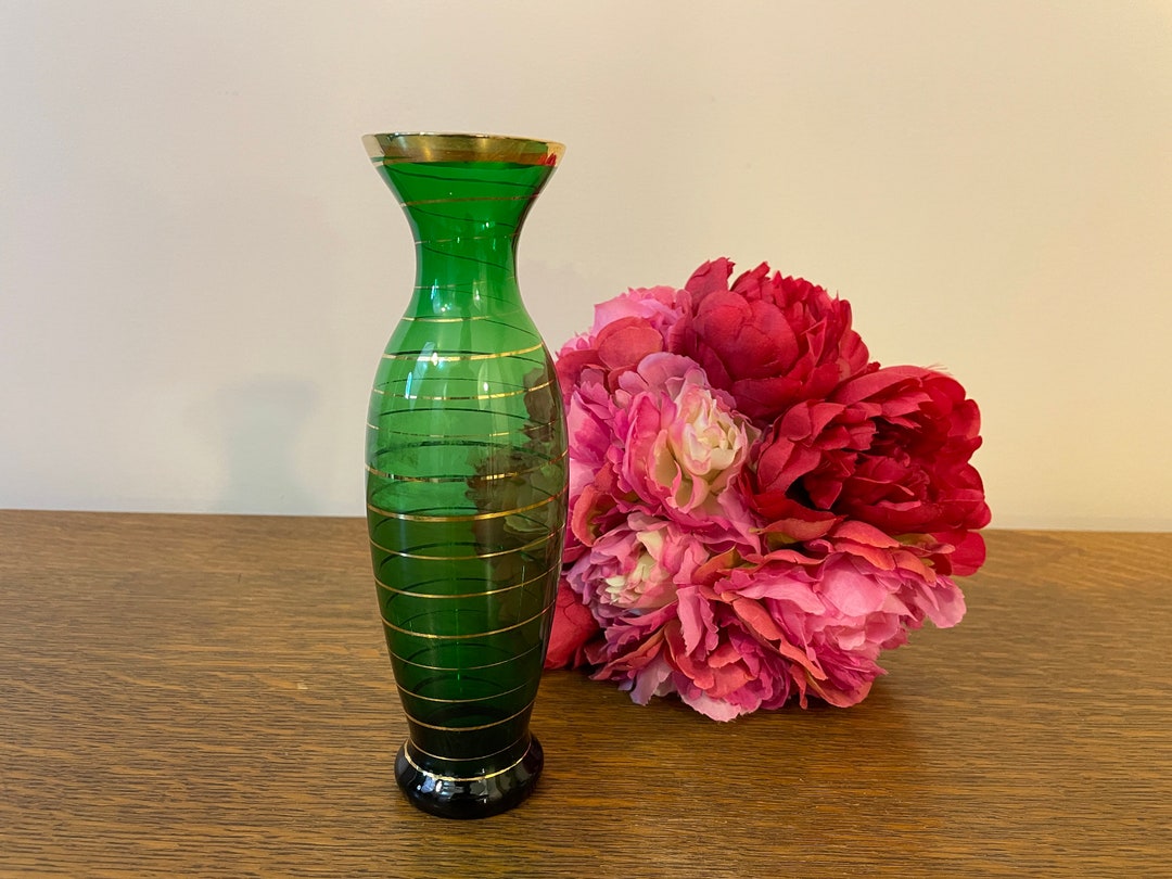 Emerald Green Glass Bud Vase With Gold Stripes Vintage 1950s Etsy