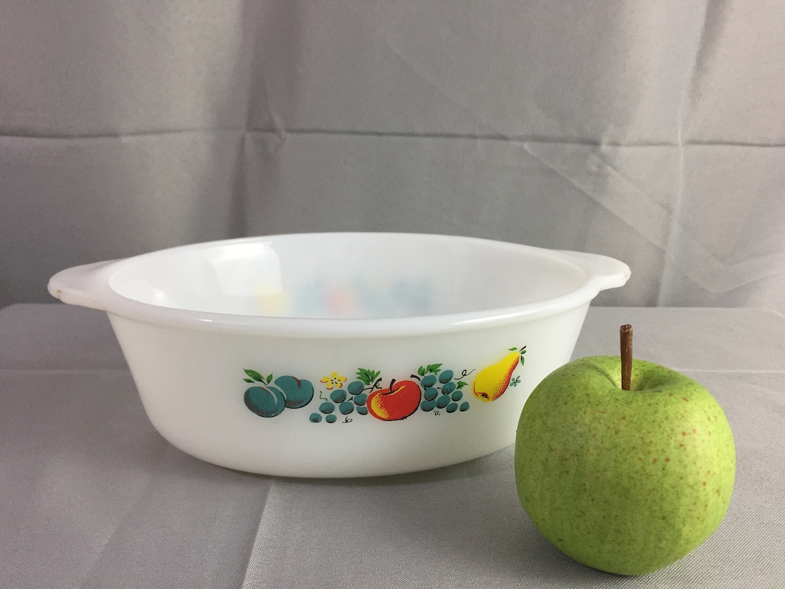 Fire King FRUIT Pattern White Milk Glass Casserole Dish 2 QT | Etsy