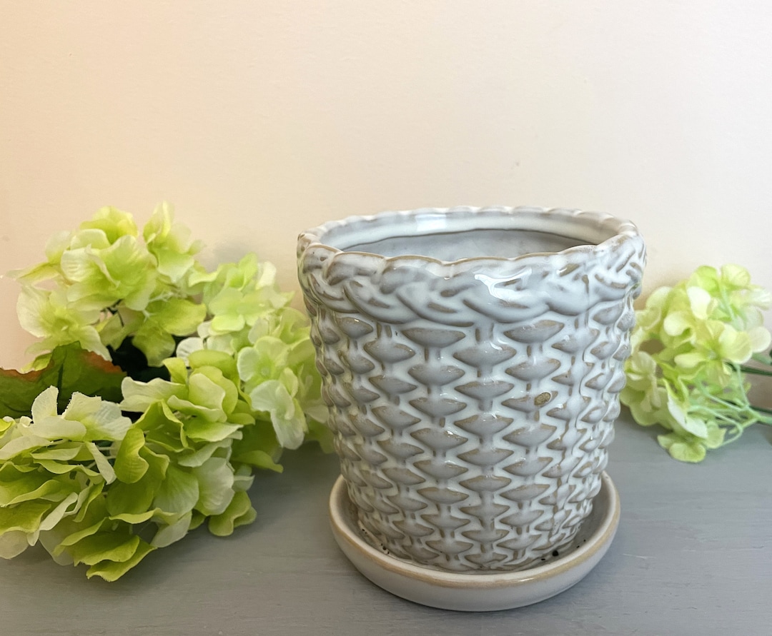 White Wicker Ceramic Pot Wih Saucer Retro English Cottage Style Planter ...